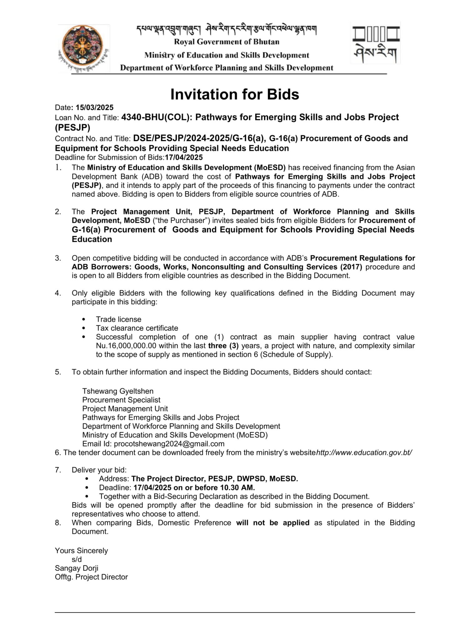Invitation for Bids – Sherig – MoESD