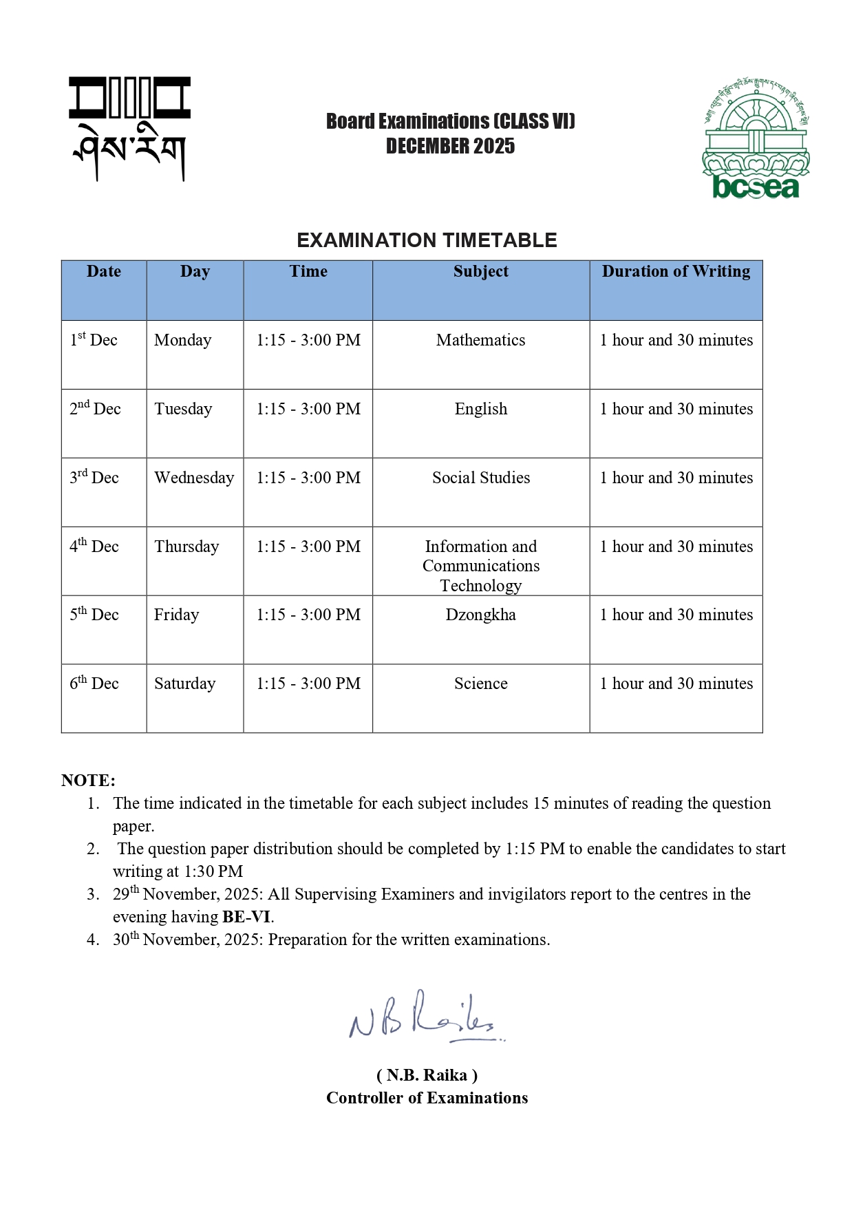 Announcement: Provisional Time Table for 2025 Released. – Sherig – MoESD