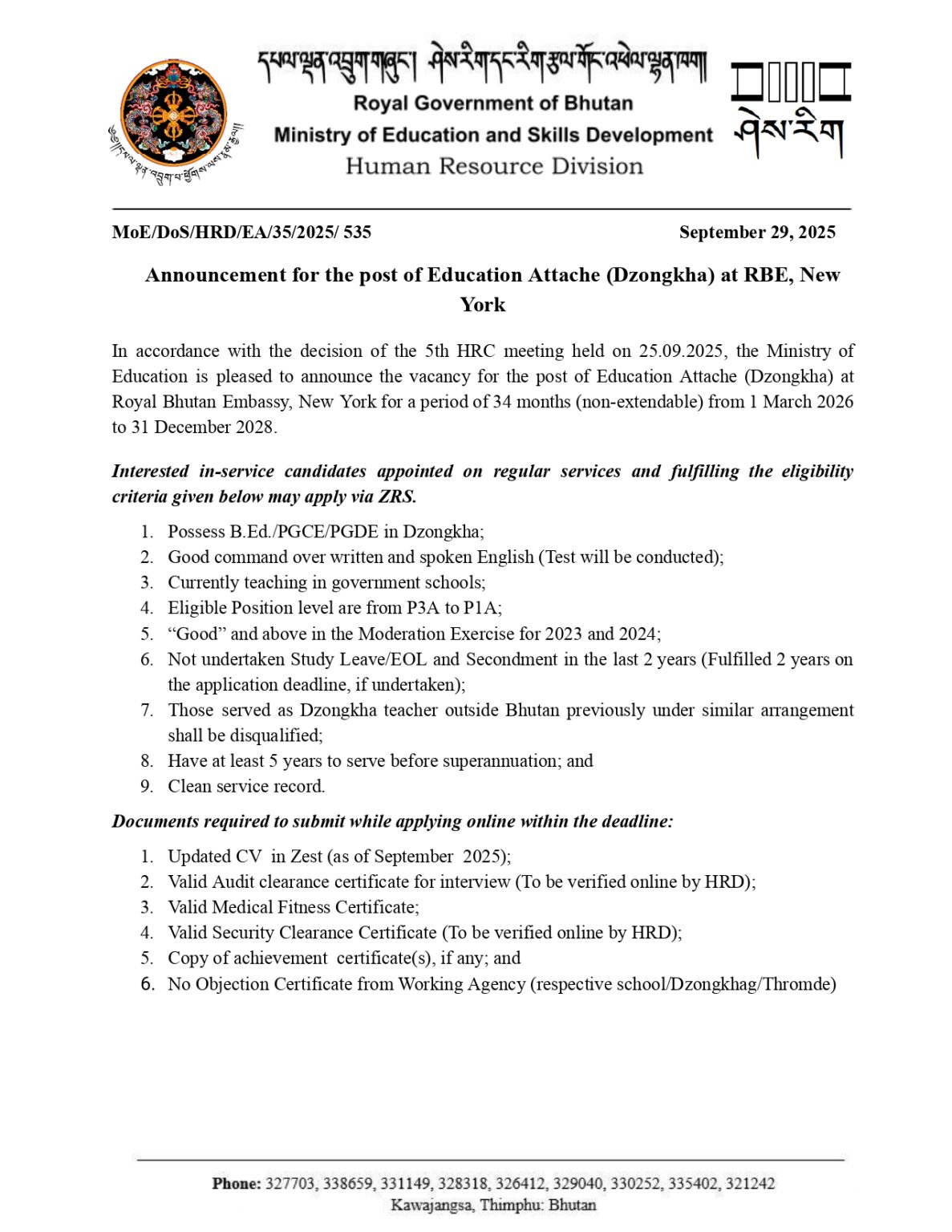 Announcement for the post of Education Attache (Dzongkha) at RBE, New York – Sherig – MoESD