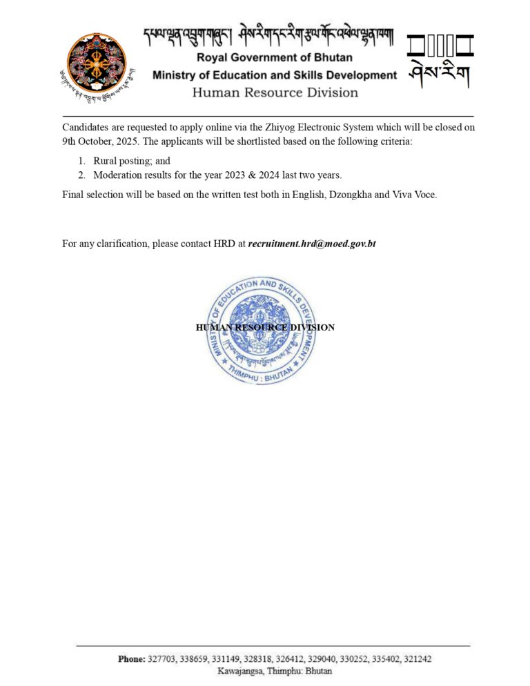 Announcement for the post of Education Attache (Dzongkha) at RBE, New York – Sherig – MoESD