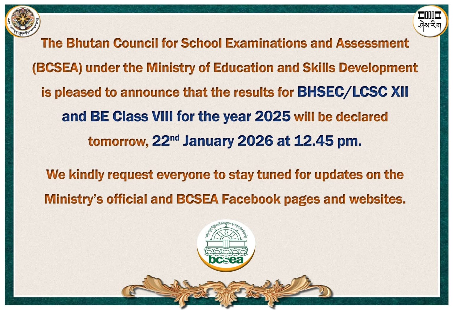 𝐑𝐞𝐬𝐮𝐥𝐭𝐬 𝐟𝐨𝐫 𝐁𝐇𝐒𝐄𝐂/𝐋𝐂𝐒𝐂 𝐗𝐈𝐈 𝐚𝐧𝐝 𝐁𝐄 𝐂𝐥𝐚𝐬𝐬 𝐕𝐈𝐈𝐈 𝐭𝐨 𝐛𝐞 𝐫𝐞𝐥𝐞𝐚𝐬𝐞𝐝 𝐭𝐨𝐦𝐨𝐫𝐫𝐨𝐰 ...