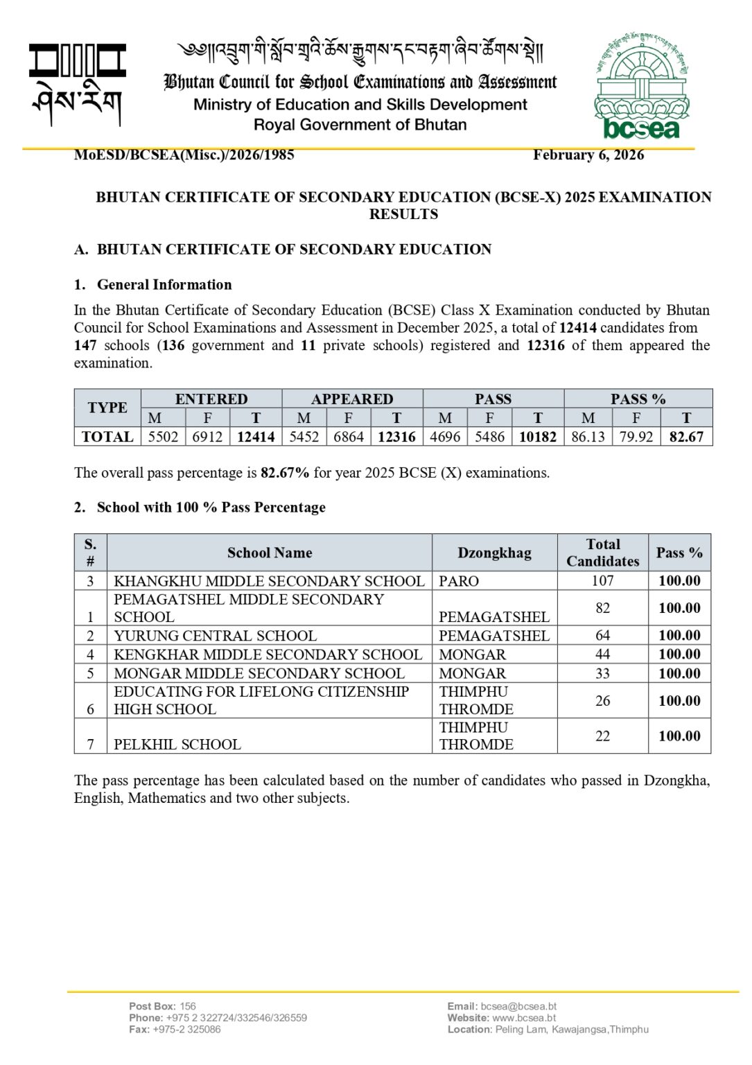 BHUTAN CERTIFICATE OF SECONDARY EDUCATION (BCSE-X) 2025 EXAMINATION ...